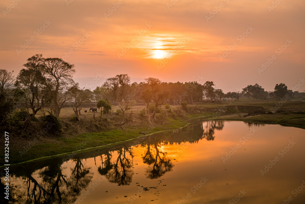 Sunset over the Brahmaputra River, Kaziranga National Park, Assam ...