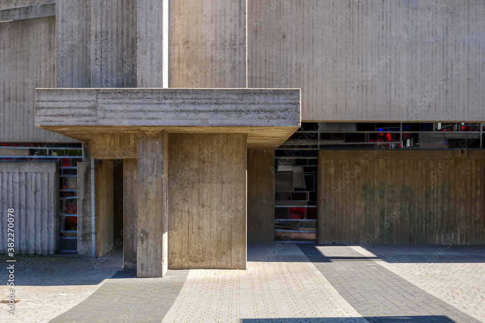 Outdoor exterior view front view at the entrance of iconic Brutalist ...