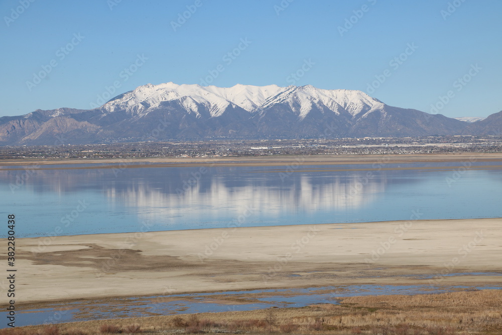 Reflections of Wasatch Mountains in the Great Salt Lake, Antelope ...