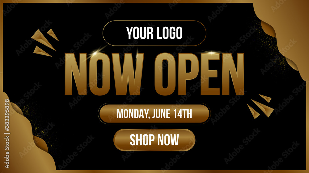 Now open shop or new store gold and black color luxury sign on black ...