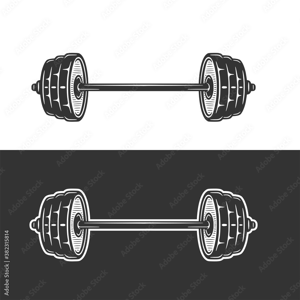 Vintage retro woodcut fitness gym barbell. Can be used like emblem ...