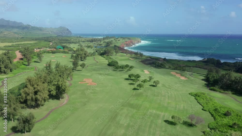 Beautiful Hawaiian golf course drone aerial 4k video over green fairway ...