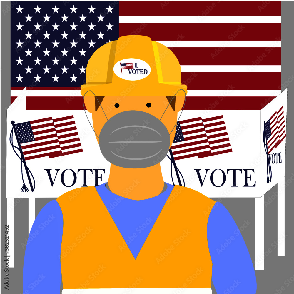 Concept of Us election, Vector of Young worker hard hat with I voted ...