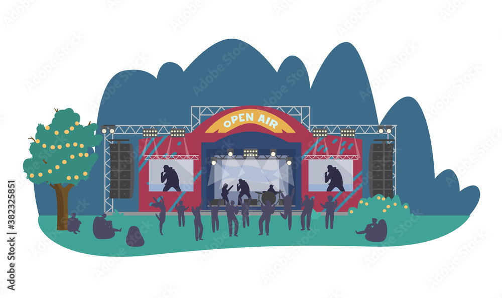 Vector Musical Night Open Air Festival Stage With People Dancing. Flat ...