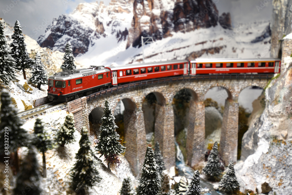 Florence, ITALY-September 2020: Model railway with Swiss Bernina ...