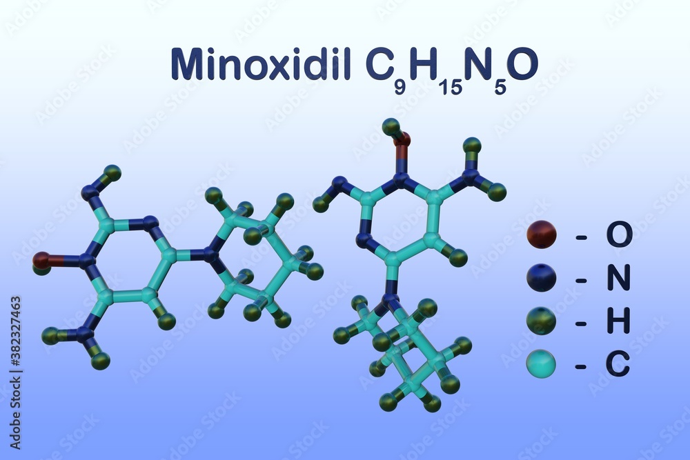 Structural chemical formula and molecular model of minoxidil, an ...