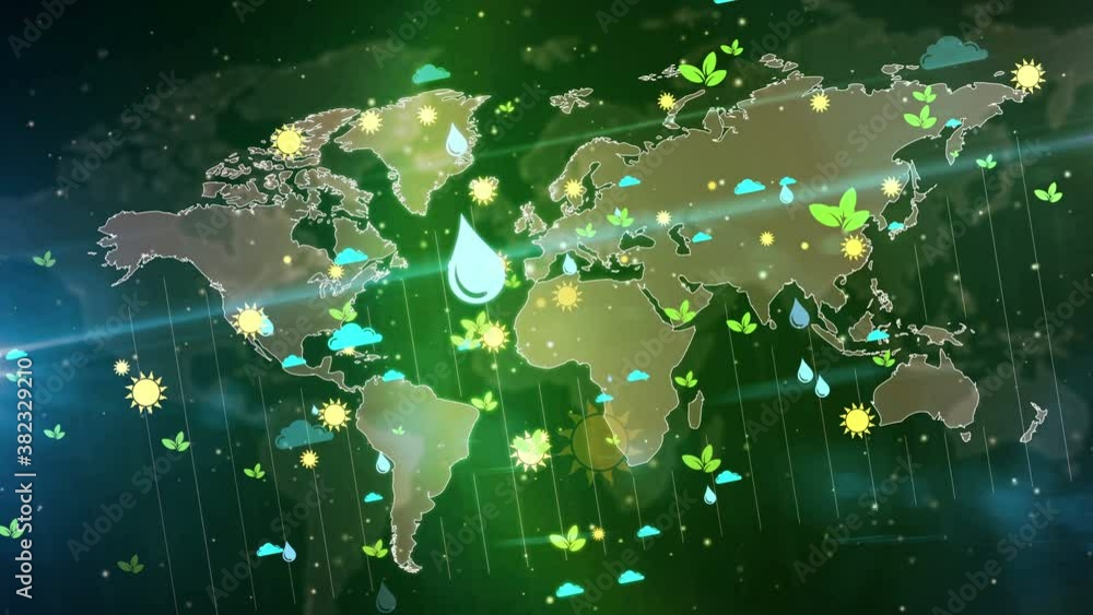 Environment and ecology symbols on world map loopable seamless 3d ...