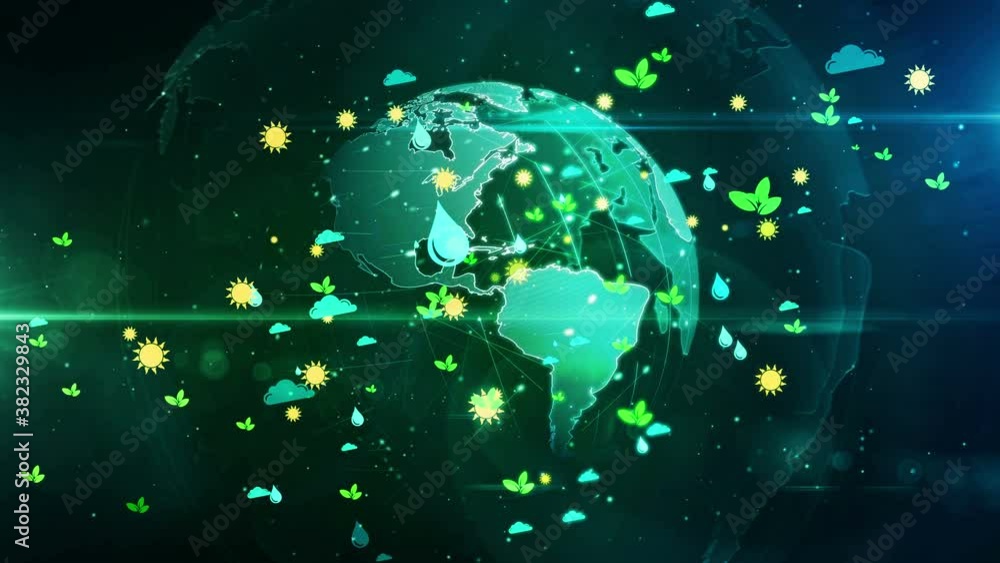Environment and ecology symbols on rotating globe. Loop abstract ...