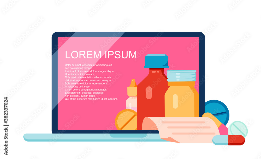 Online pharmacy flat cartoon illustration. Telemedicine banner ...