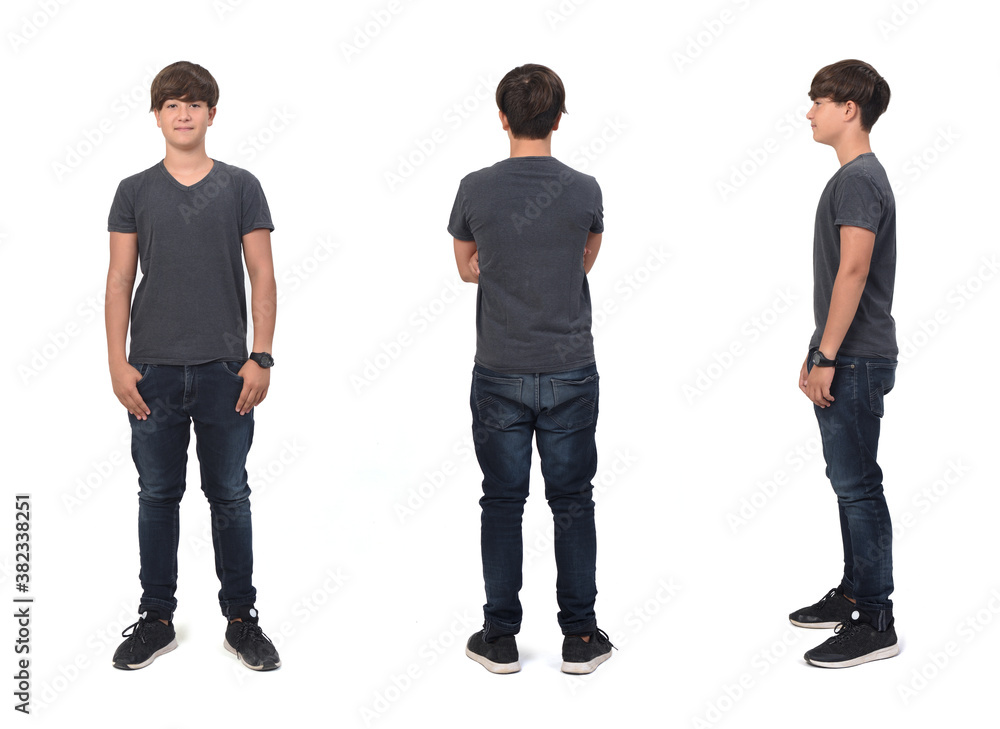 front,side and back view of same teenage boy with on white background ...