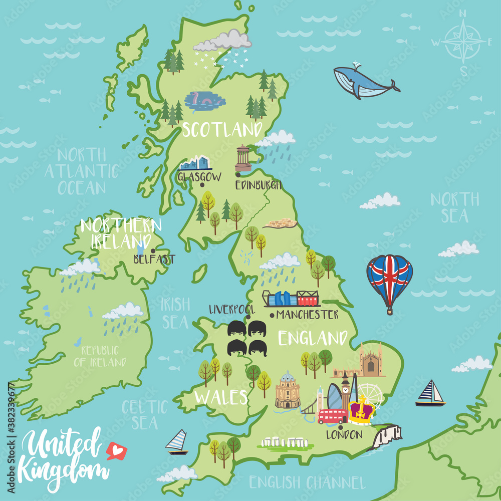 United Kingdom - hand drawn illustrated map Stock Vector | Adobe Stock