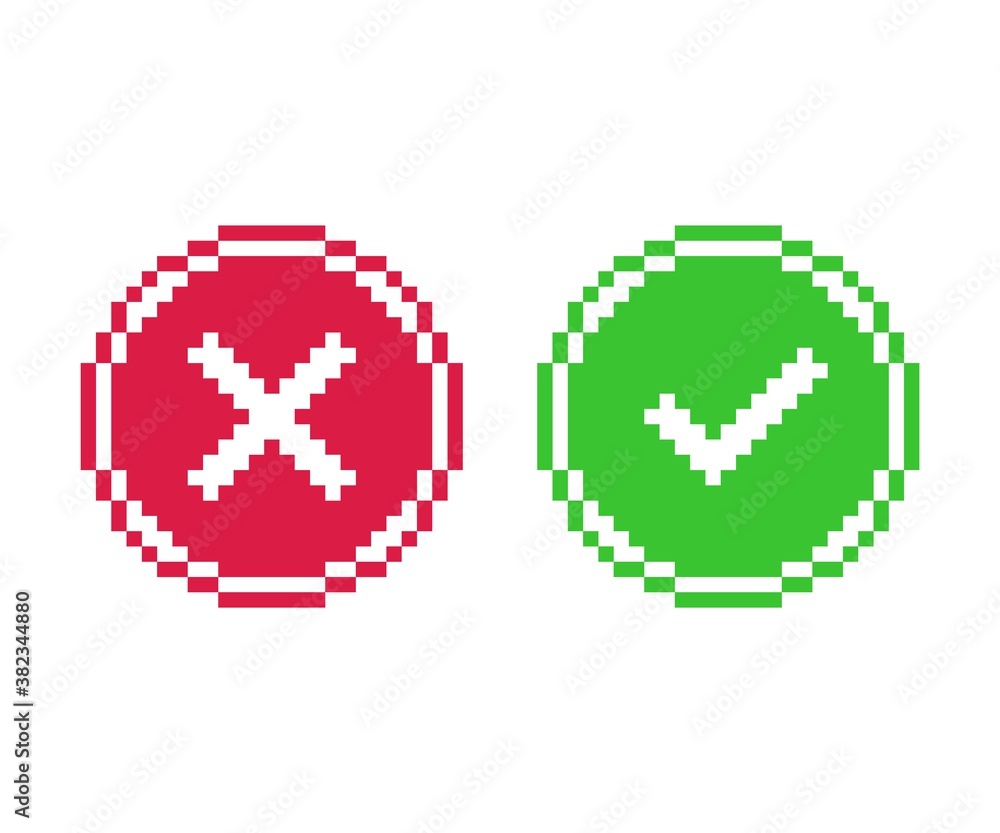 Pixel art 8-bit check mark and cross mark. Tick and cross sign. Circle ...