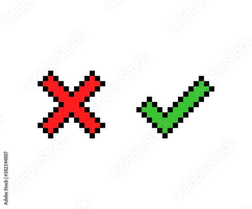 Pixel art 8-bit check mark and cross mark. Tick and cross sign. Circle ...