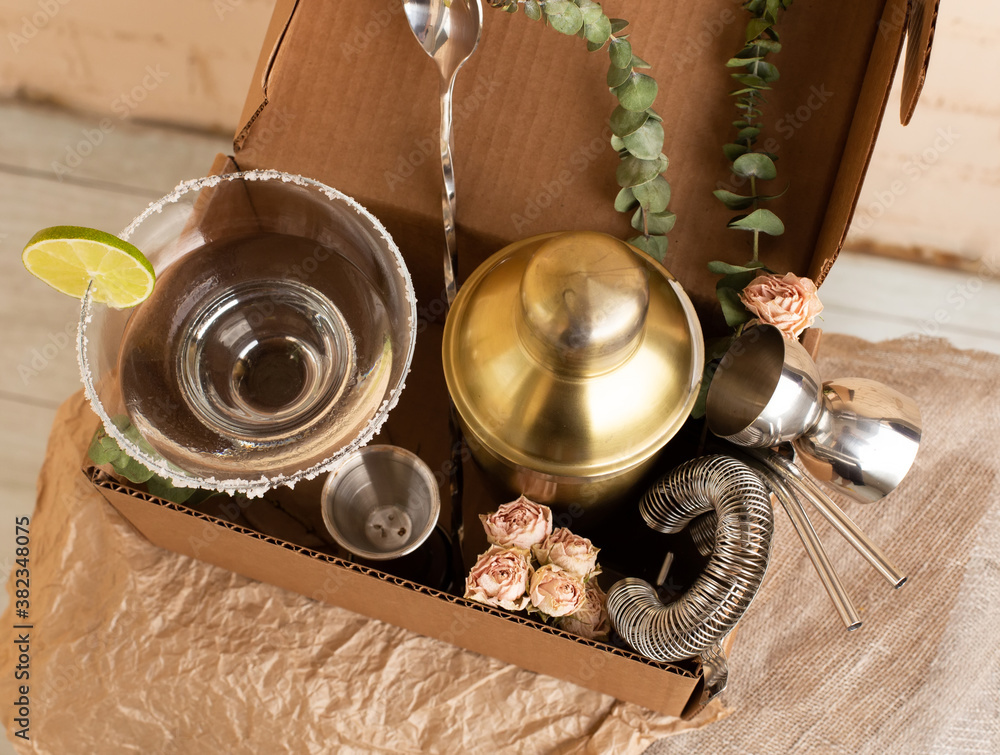 Bar cocktail party, bartender stuff accessories delivery parcel in a ...