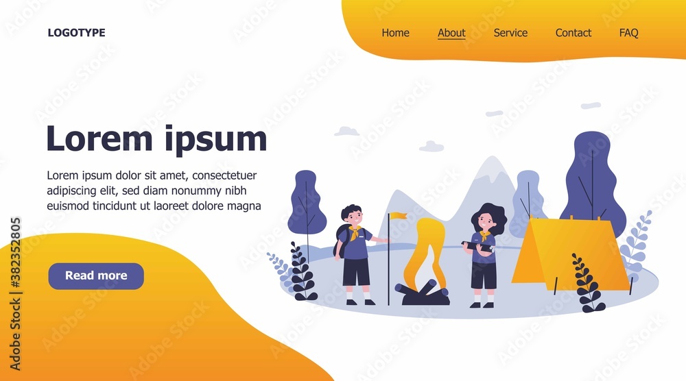 Scout kids camping in mountains. Happy children in uniform making fire near tent. Flat vector ...