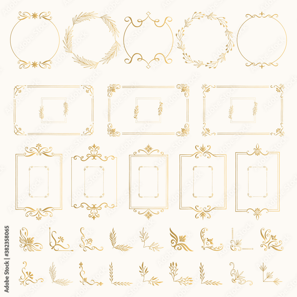 Collection of golden fancy frames with decorative vintage elements ...
