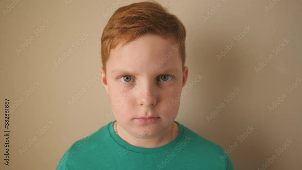 Vidéo Stock Portrait of little serious red-haired boy with freckles ...