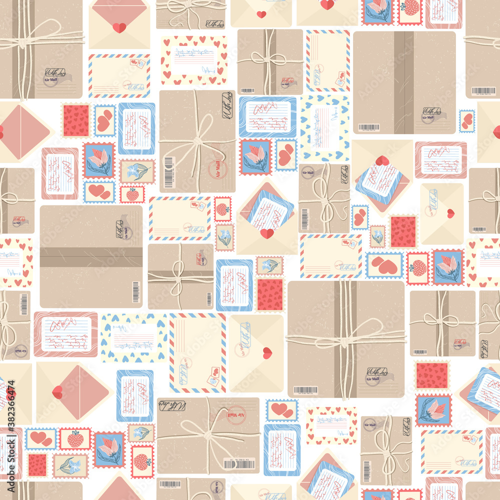 Parcels, envelope and postage stamps, Postal service packs and letters ...