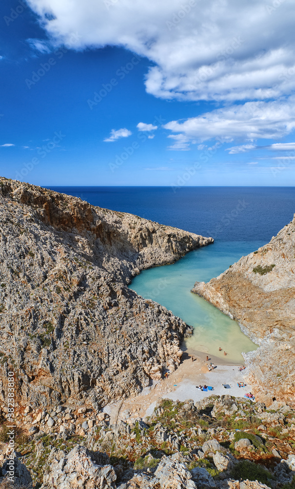 Vertical view of z-shaped bay, typical Greek sunny landscape. Great ...