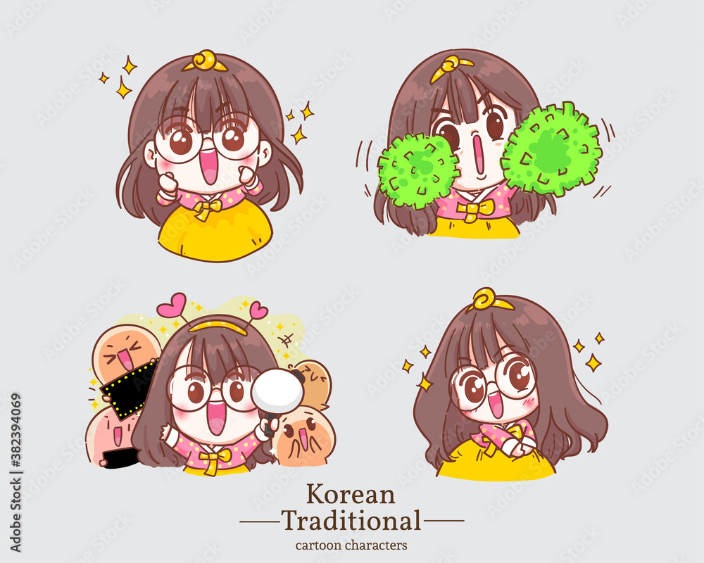Korean characters of smiling happy cute girls in traditional korean ...
