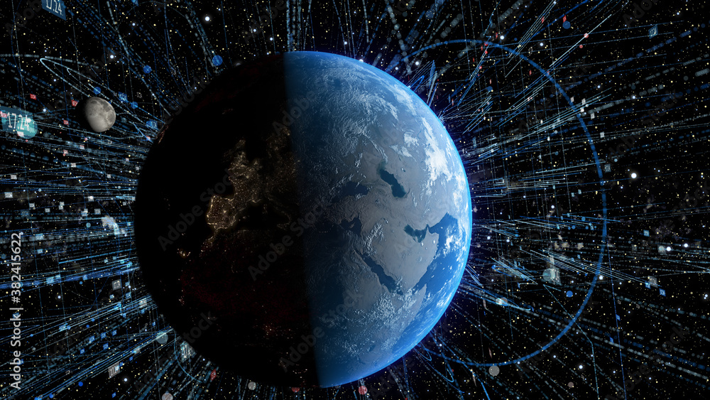 Spinning earth with space background and digital data grid Stock Photo ...