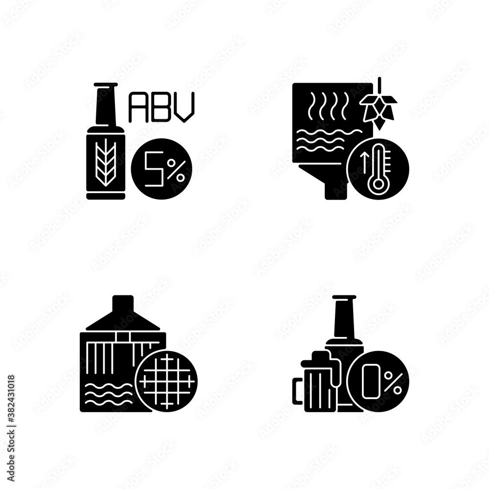 Brewery black glyph icons set on white space. Alcohol by volume in ...
