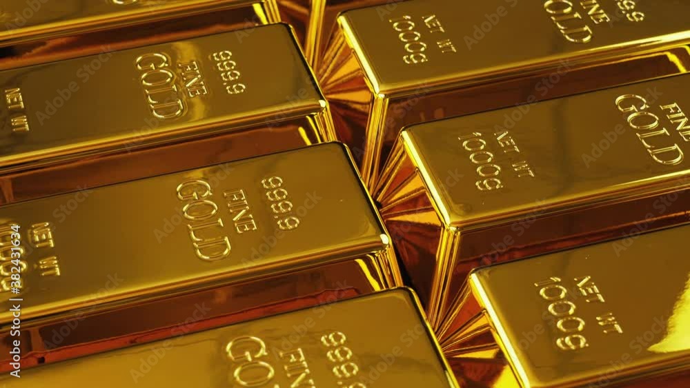 Gold bricks. Stack of gold bullion bars. Seamless looping footage. Gold ...