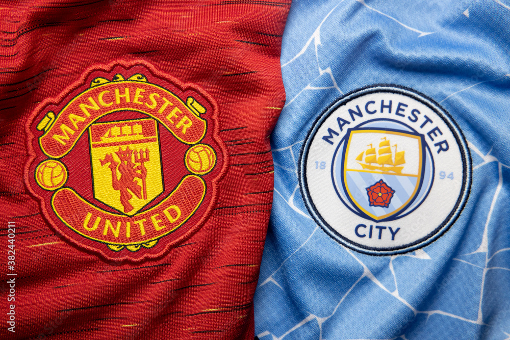 The Logo of Manchester United and Manchester City on Football Jerseys ...