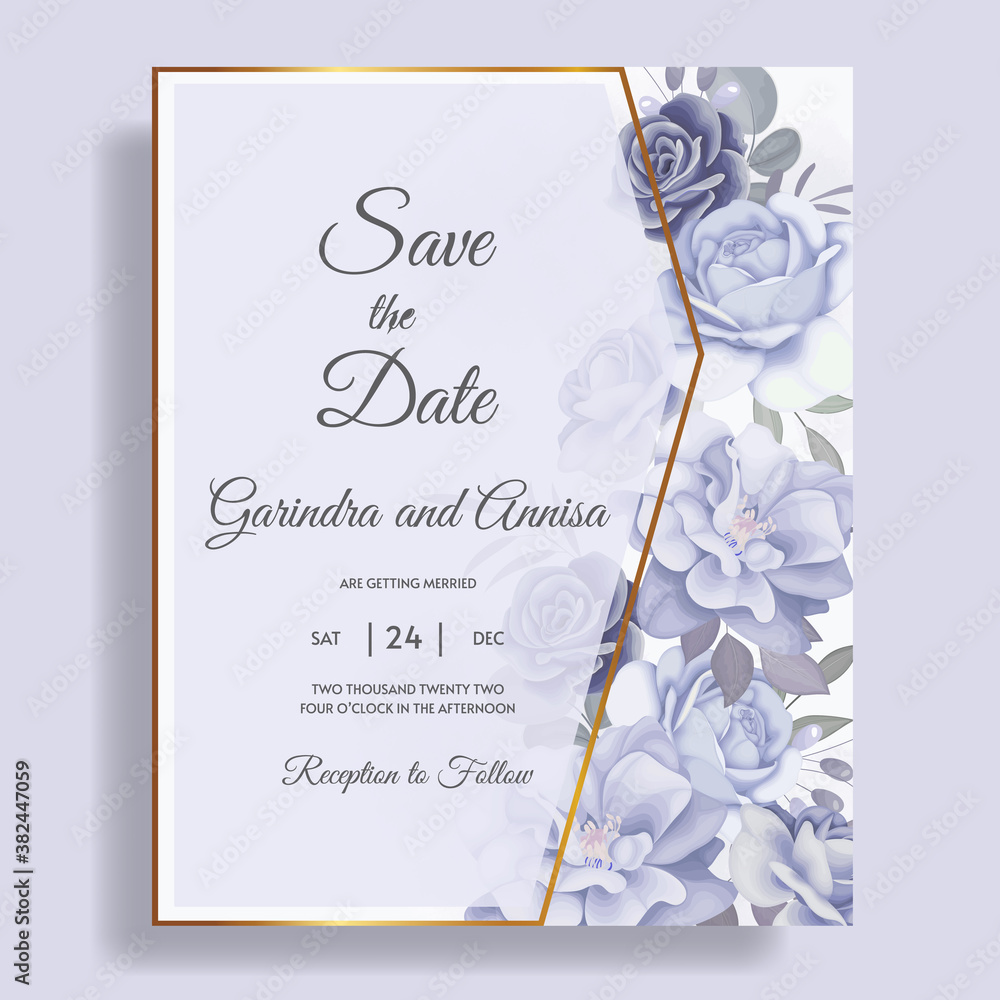 Beautiful blue floral frame wedding invitation card template set ...