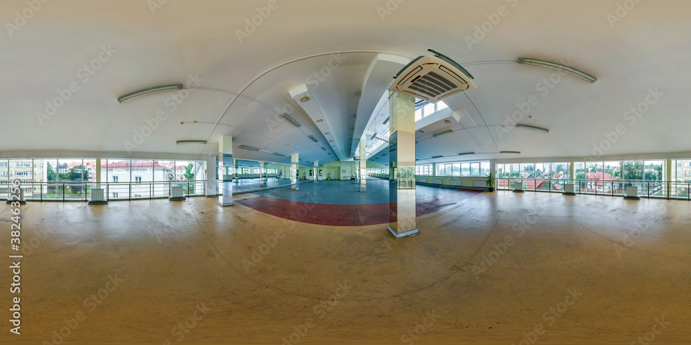 Empty room with panoramic windows, columns and mirror. full seamless ...