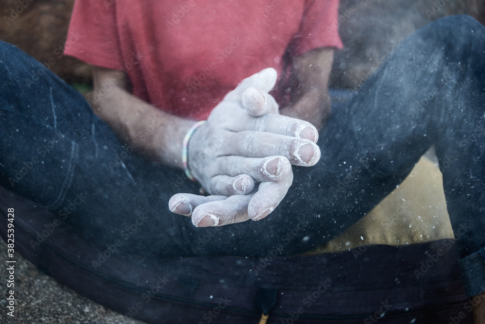 rock climber hands coated in chalk powder Stock Photo | Adobe Stock