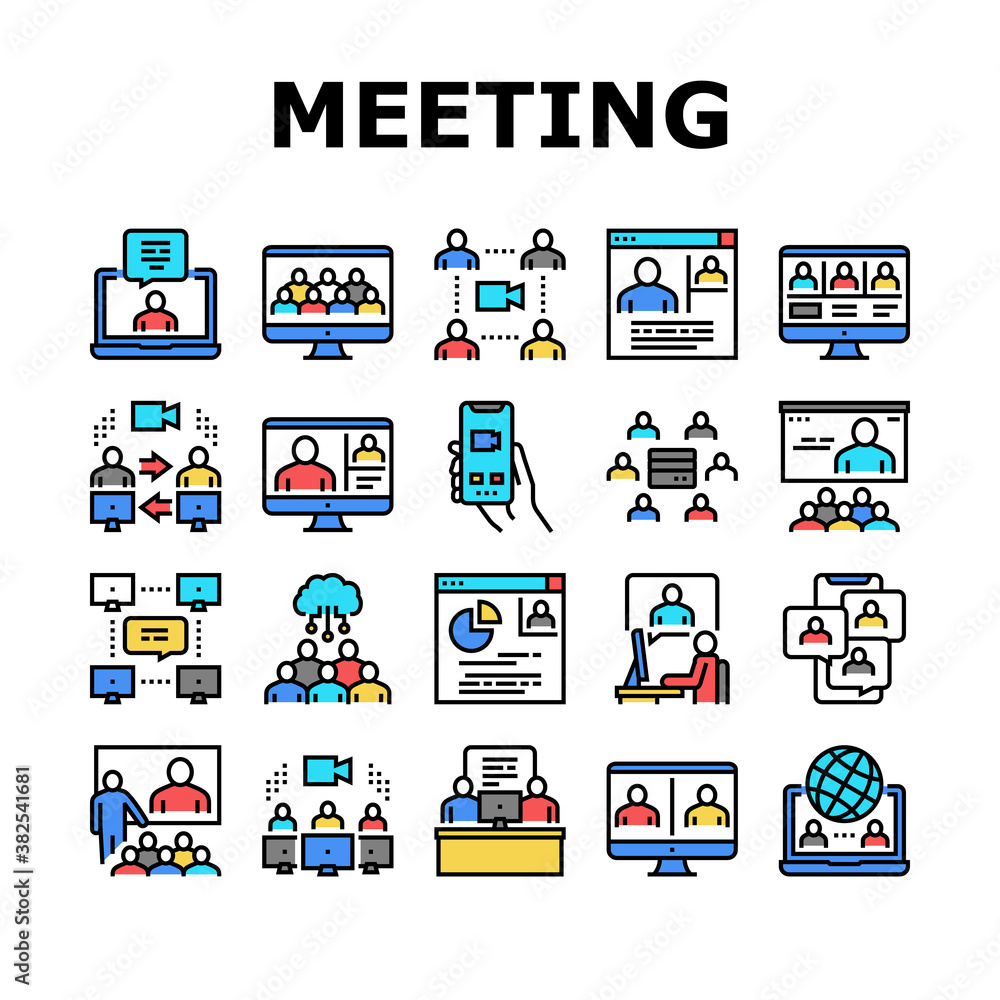 Online Video Meeting Collection Icons Set Vector. Meeting And ...