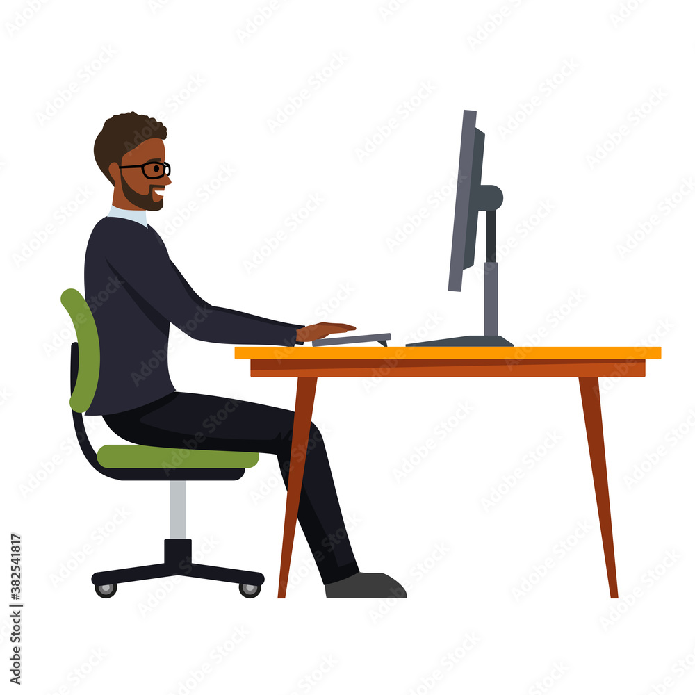 The correct position posture when working at the computer. A man sits ...