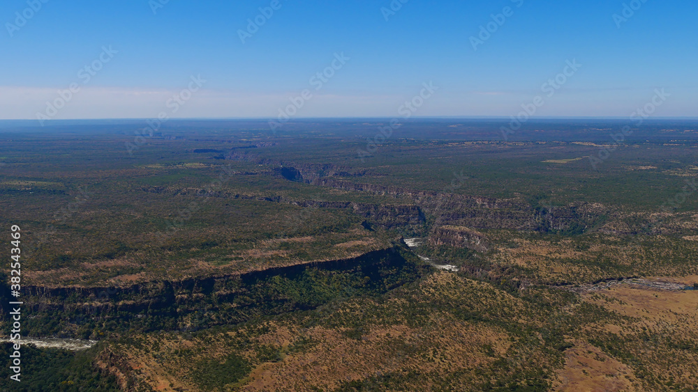 Aerial view of Zambezi River canyon, the border of Zimbabwe and Zambia ...