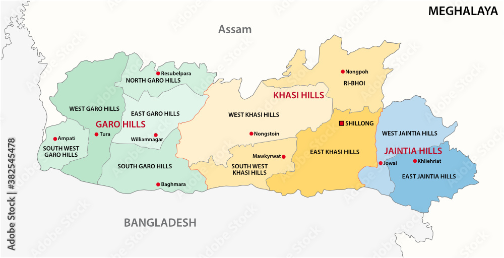 Meghalaya administrative and political vector map, India Stock Vector ...