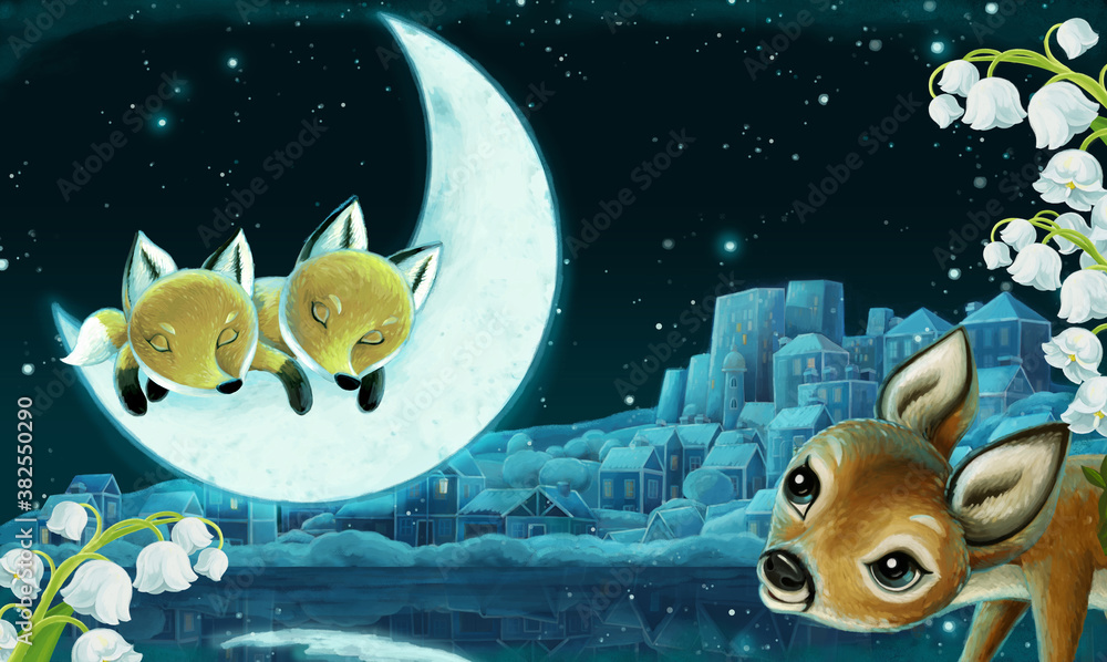 cartoon image with animals family of foxes in forest sleeping by night ...