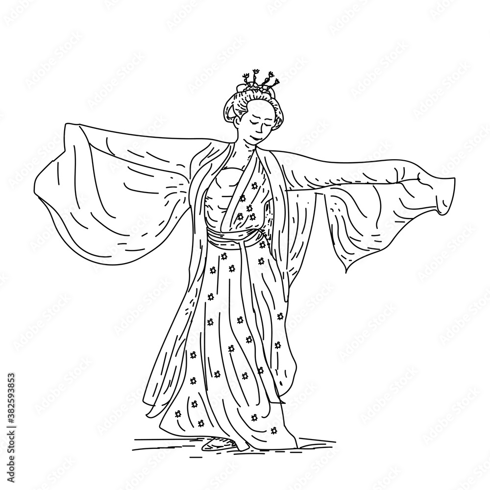PrintChinese traditional hanfu dance outline drawing. vector ...