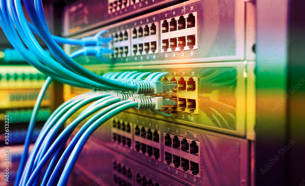 Server rack with blue and red internet patch cord cables connected to ...