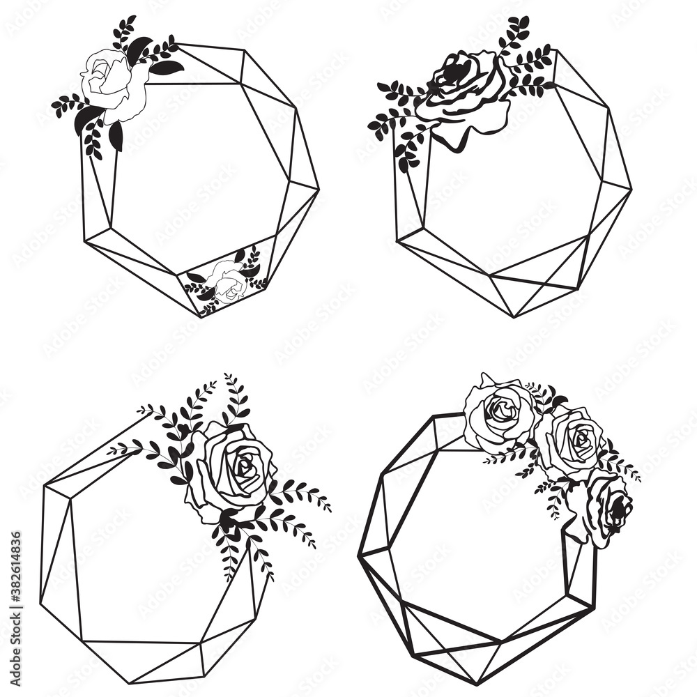 Geometric floral frame with rose flowers. Black outline simple desing ...