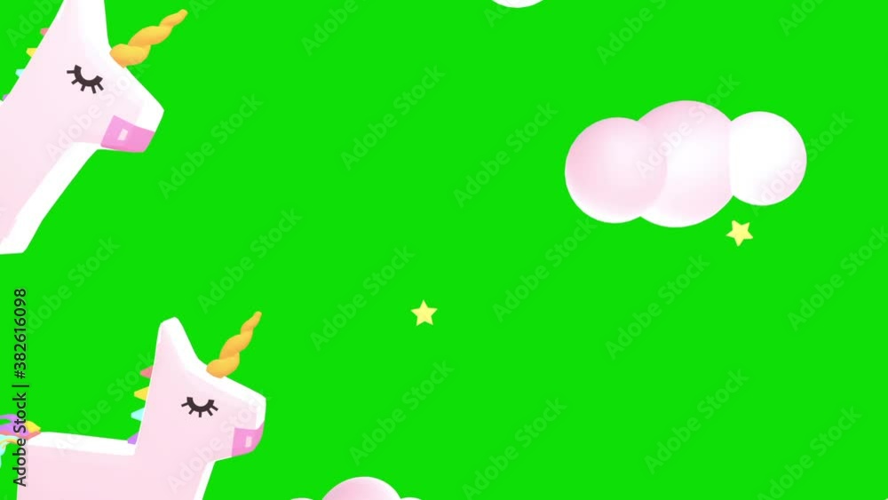 Looped cartoon kawaii unicorn sky on green screen background animation ...