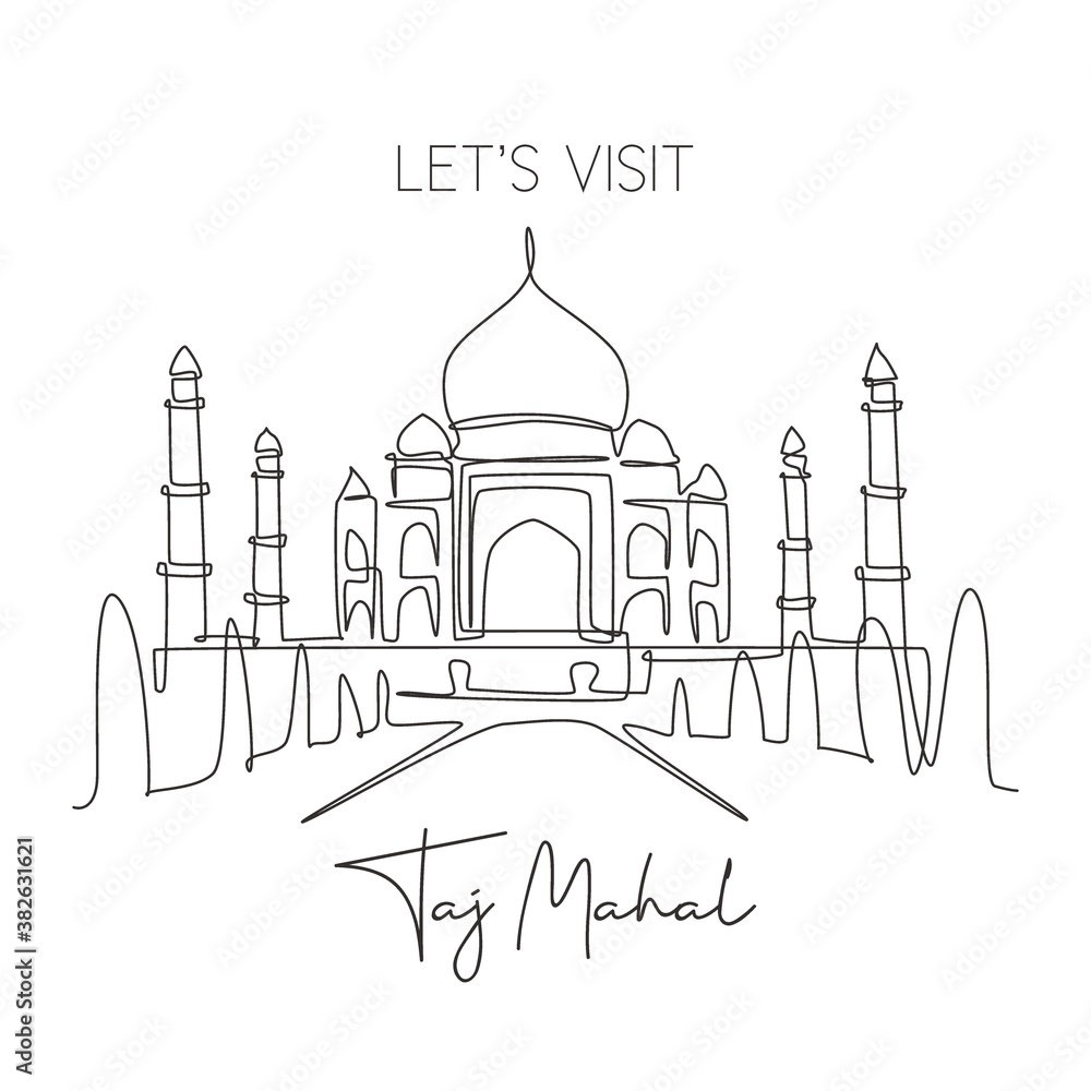One single line drawing Taj Mahal mosque landmark. World iconic place ...