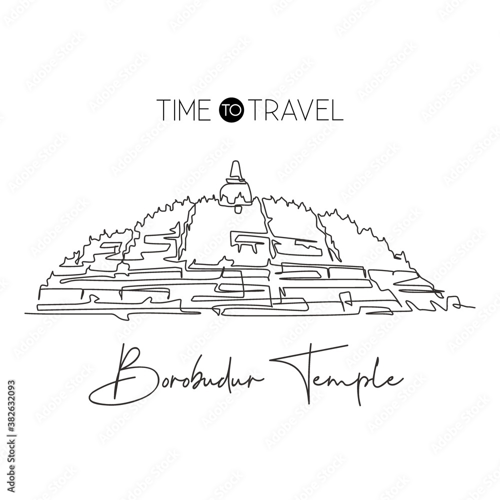 One single line drawing Candi Borobudur temple landmark. World iconic ...