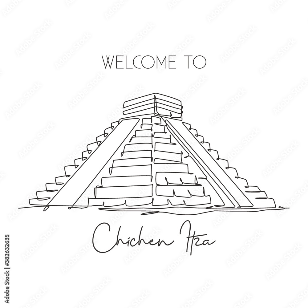 One continuous line drawing Chichen Itza Mayan Pyramid landmark. World ...