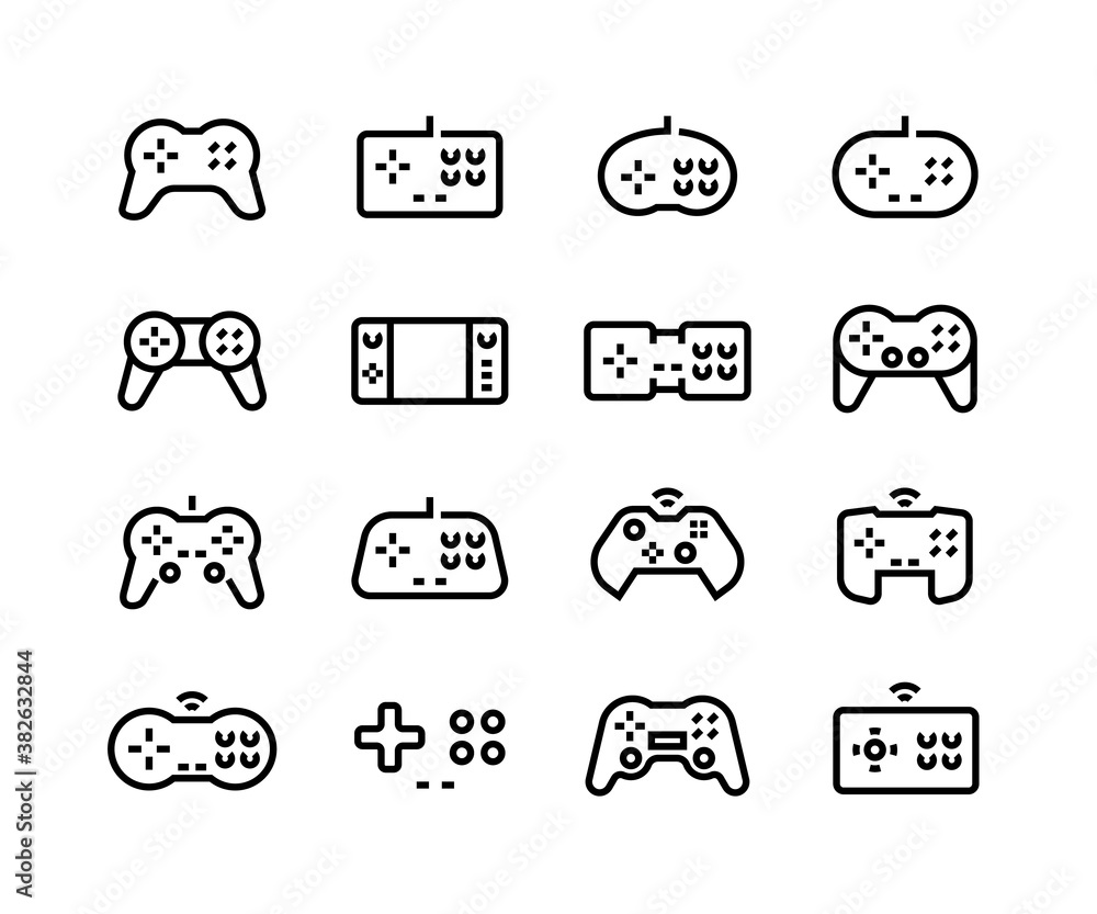 Gamepad icons. Video game joystick controller. Retro pictogram for arcade logo. Black lines ...