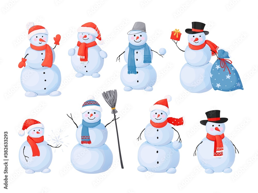 Snowman. Cartoon Christmas characters with happy faces, sculpture for ...