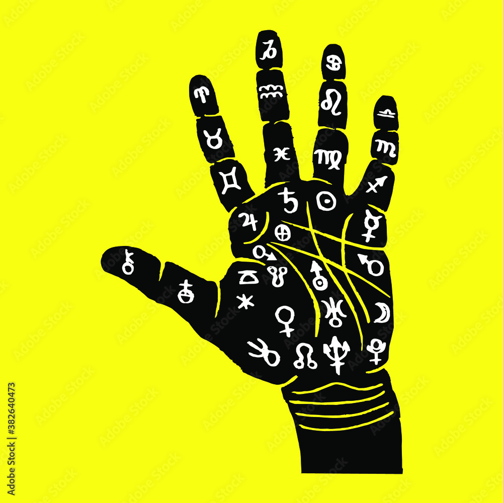 Palmistry. Black hand with lines and symbols on a yellow background ...