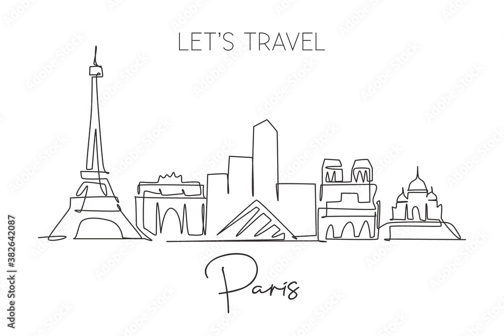 One single line drawing of Paris city skyline France. Historical ...