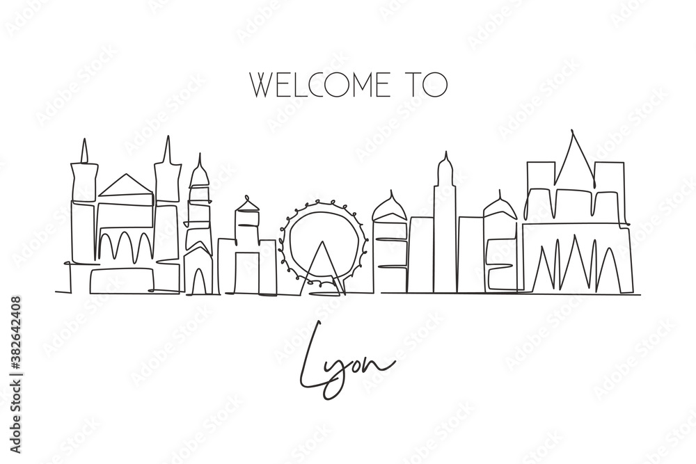 One continuous line drawing of Lyon city skyline, France. Beautiful ...