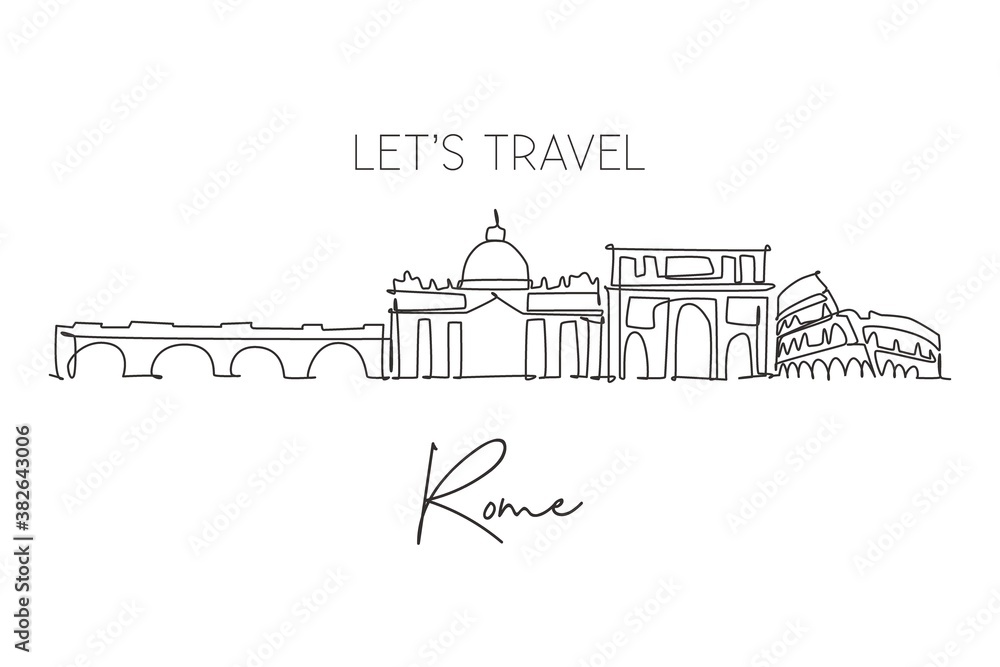 Single continuous line drawing of Rome city skyline Italy. Famous Roma ...