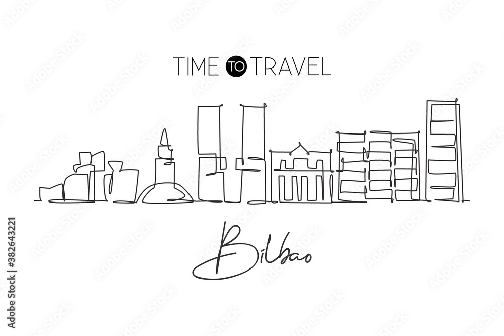 One continuous line drawing of Bilbao city skyline, Spain. Beautiful ...